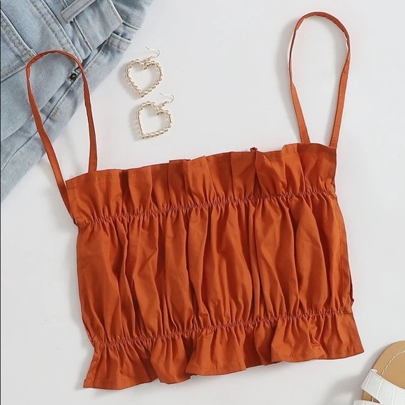 Tops | Ruffle Trim Ruched Back Backless Top In Rust | Poshmark